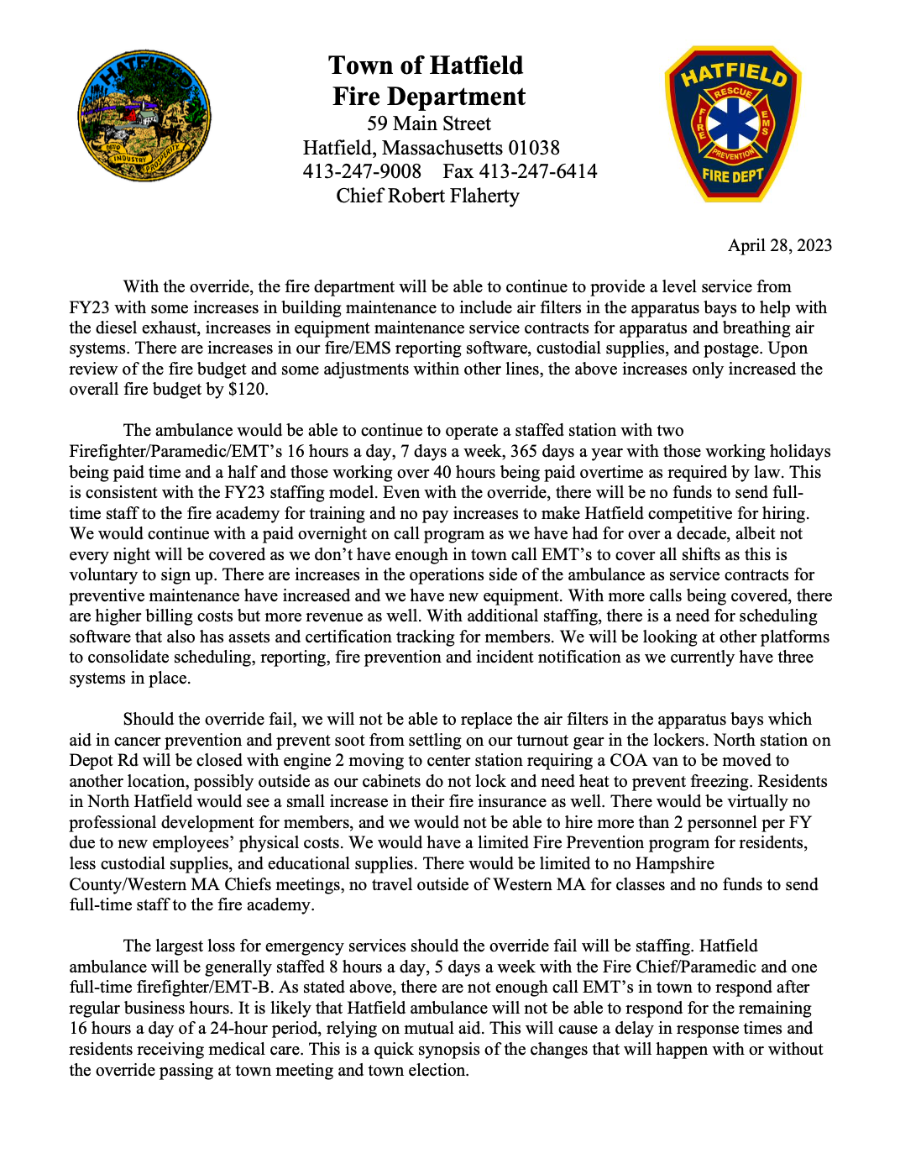 Override Budget Letter - Hatfield Fire Department